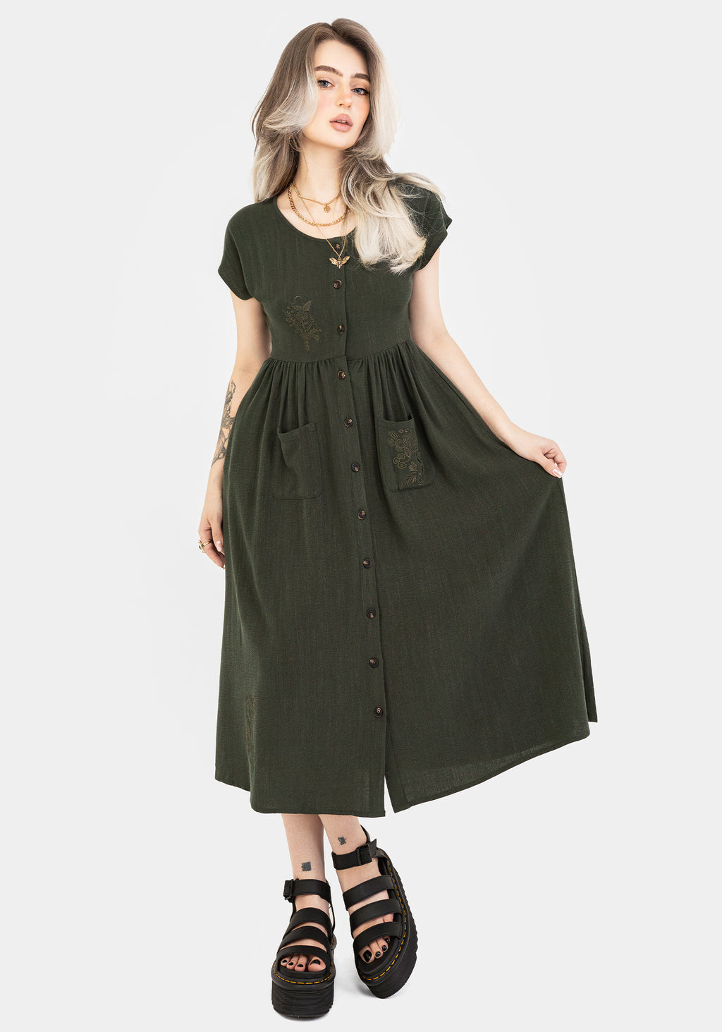 Foliate Linen-Blend Embroidered Button Up Midi Dress - Green – Disturbia