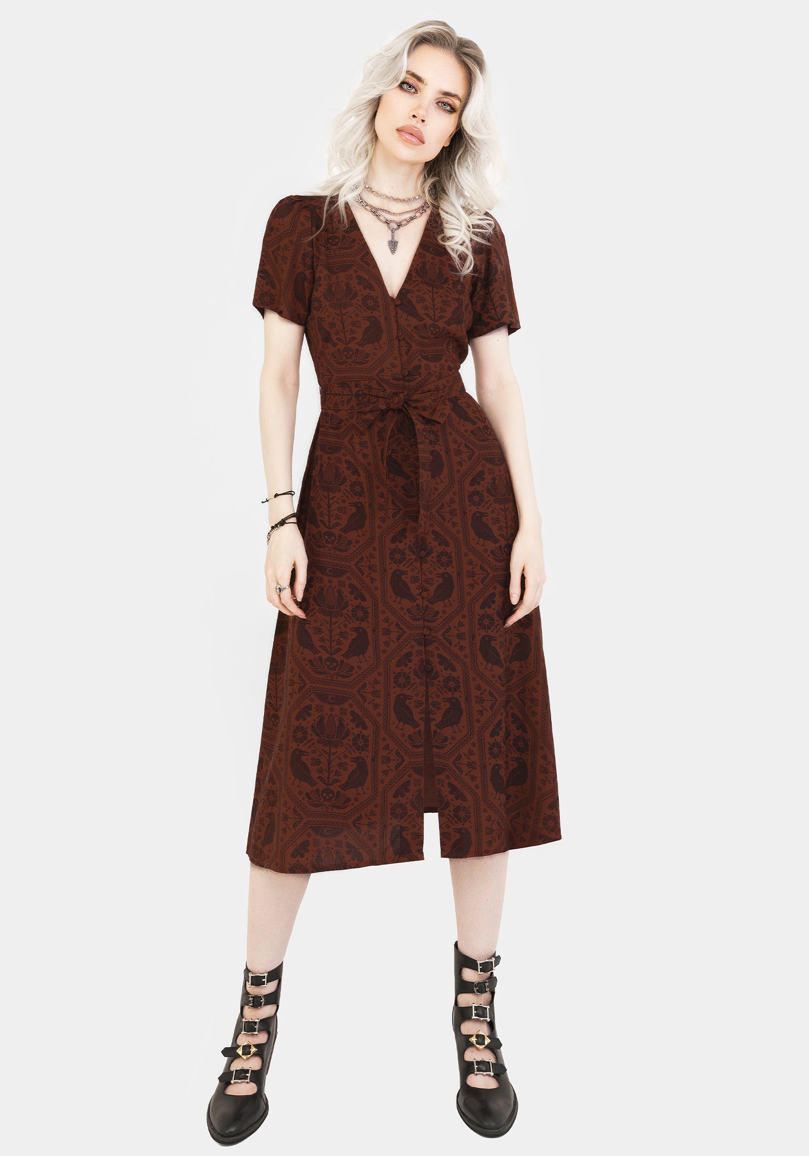 Disturbia | Annabel Raven Print Button Up Midi Dress - Rust | Dresses