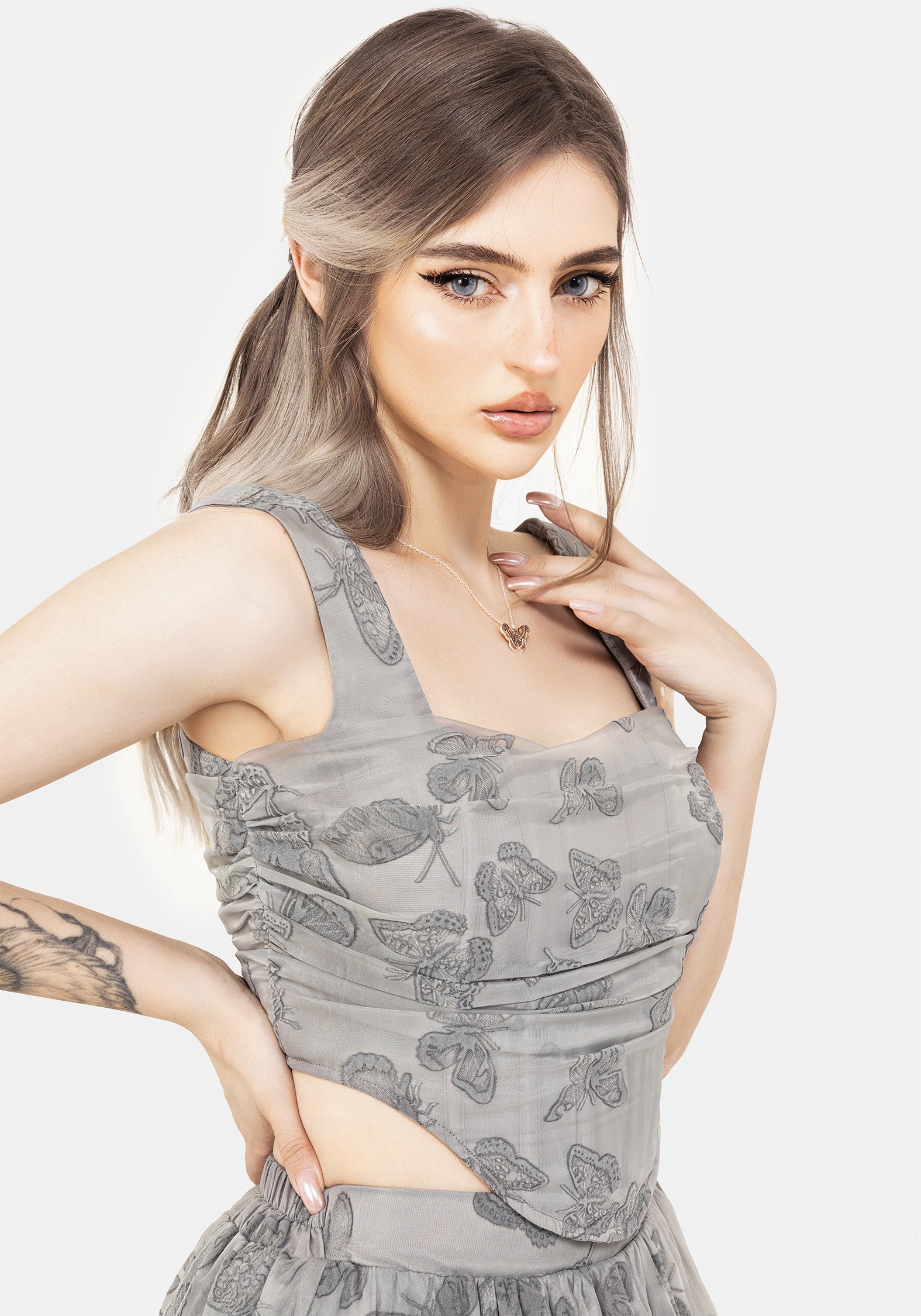 Vanessa Butterfly Print Organza Ruched Bodice Corset Top – Disturbia