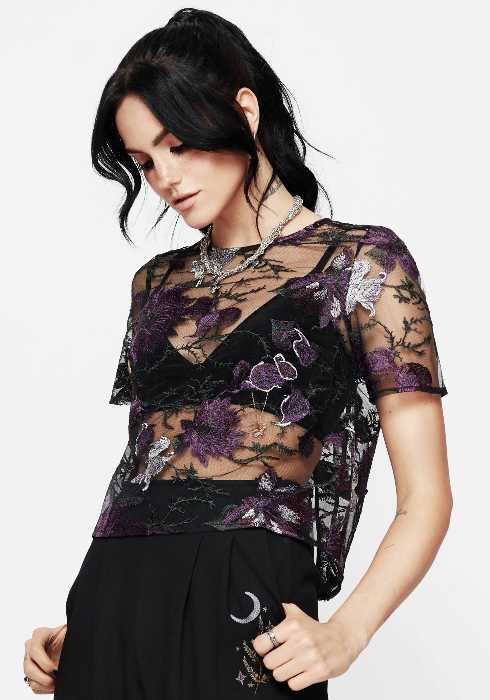 Estrid Embroidered Mesh Tie Back Blouse Top – Disturbia