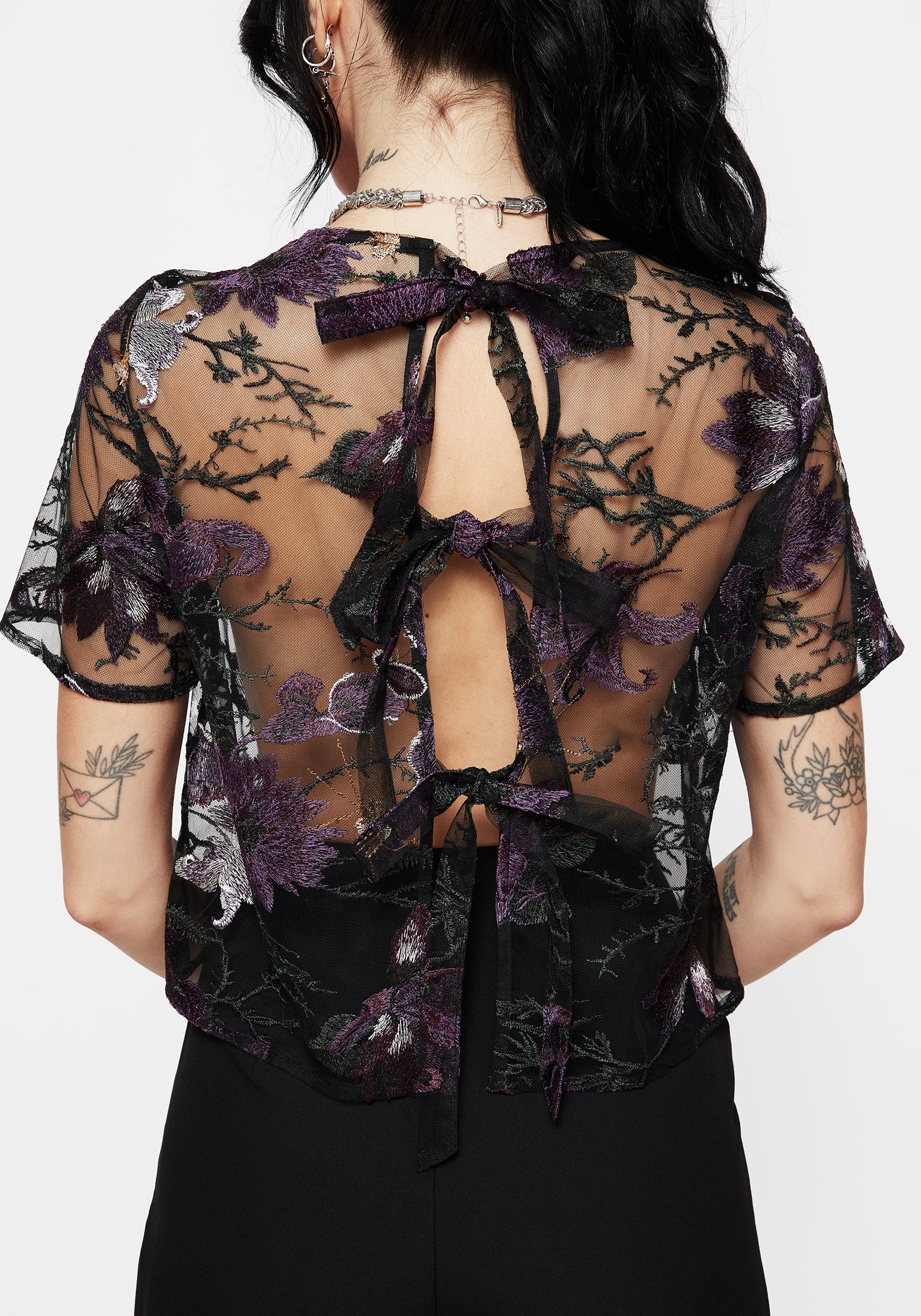 Estrid Embroidered Mesh Tie Back Blouse Top – Disturbia