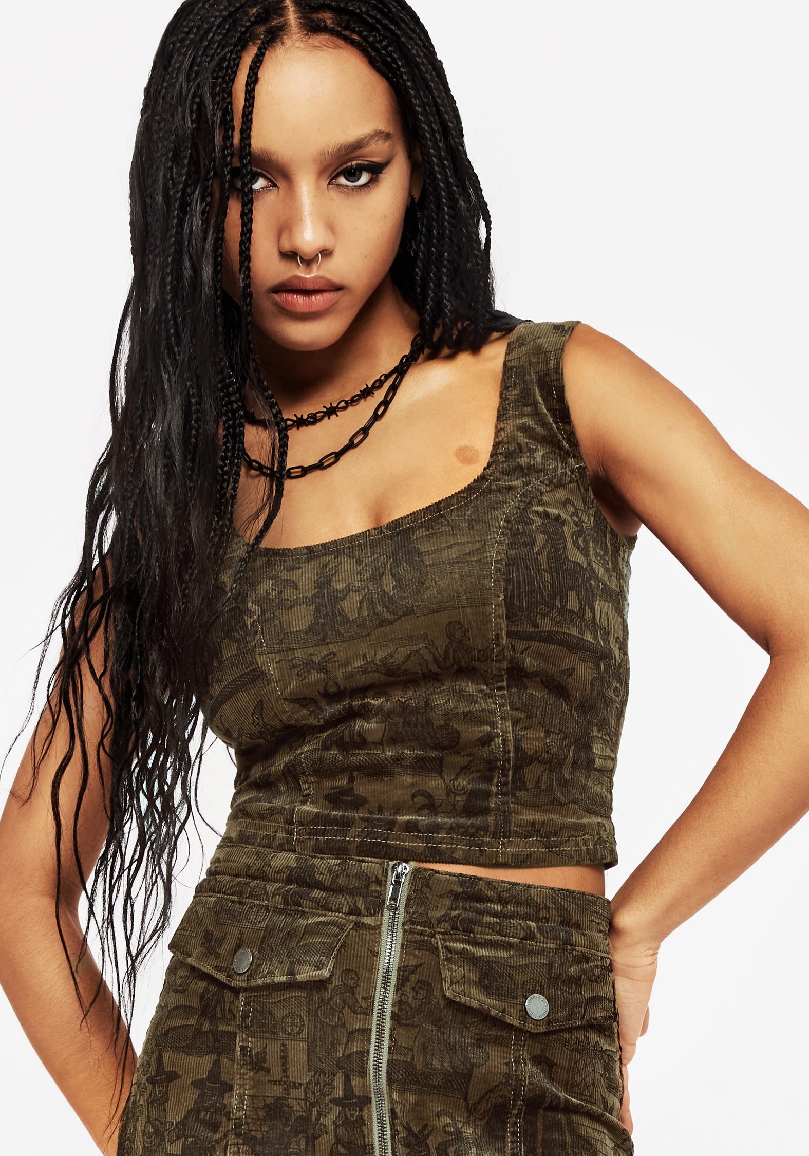 Disturbia | Diabolical Cord Woodcut Print Zip Corset Top | Corsets