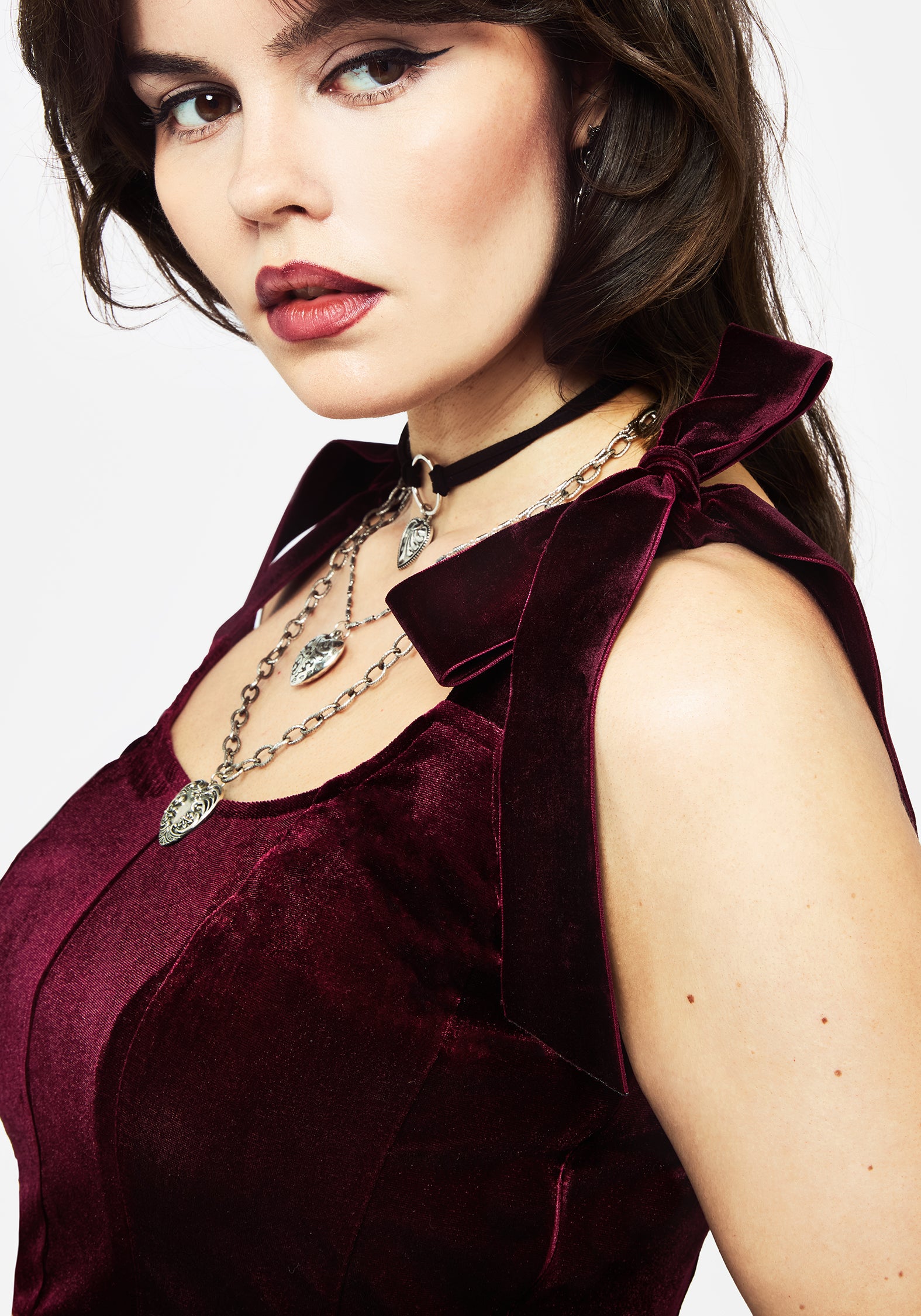 Disturbia | Lisette Velour Tie Strap Corset Top - Red | Corsets