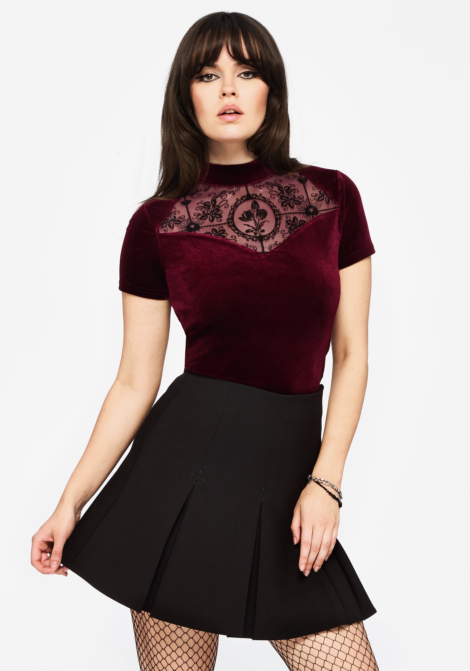 Cameo Floral Flocked Mesh Velour High Neck Top - Red – Disturbia