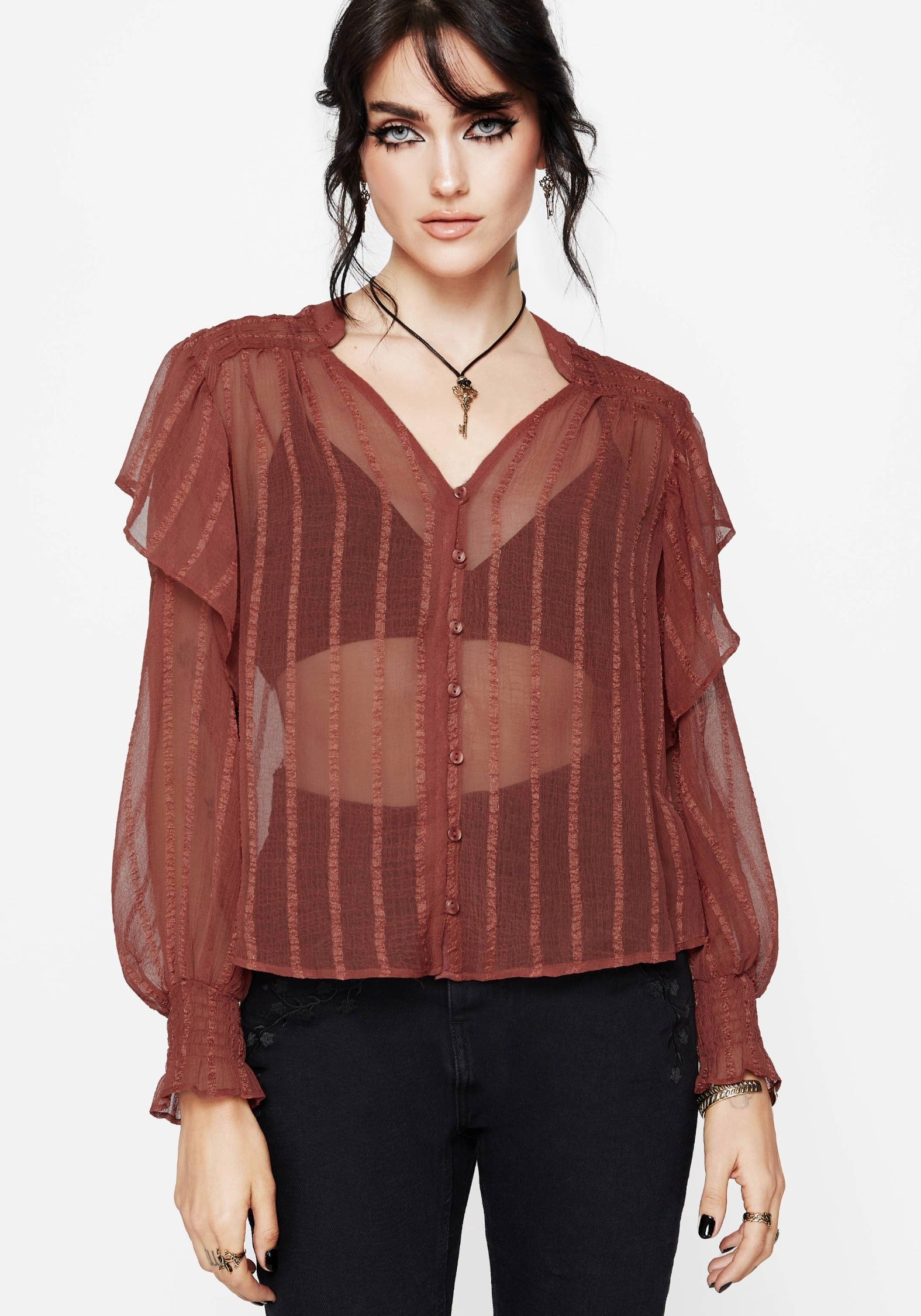 Asteria Sheer Textured Stripe Ruffle Blouse – Disturbia