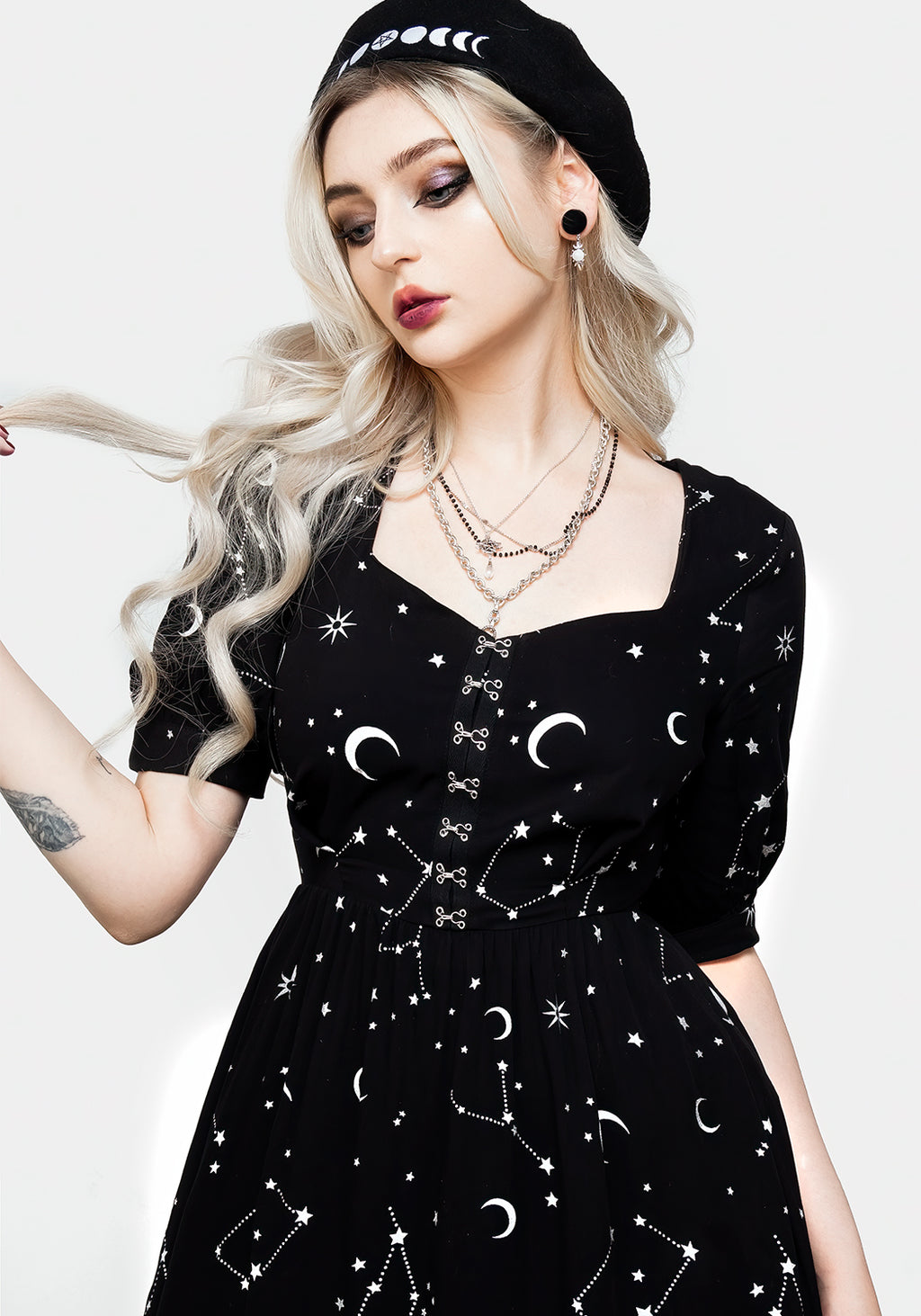 Disturbia | Silver Celestial Print Sweetheart Midi Dress | Dresses