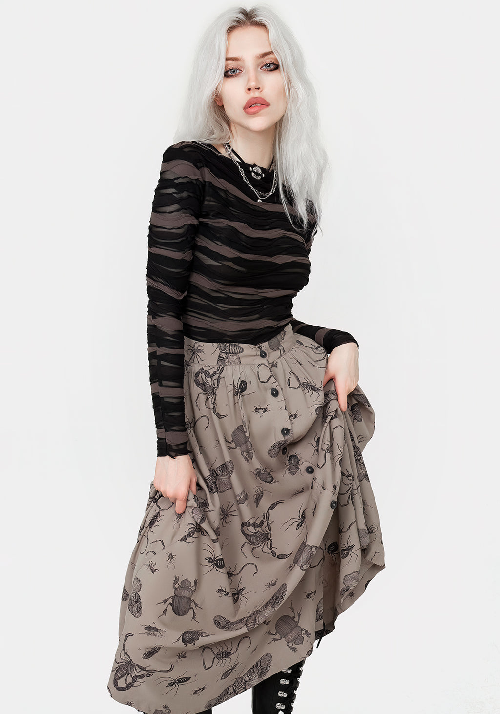 Disturbia | Parasite Bugs Print Button Down Midi Skirt - Taupe | Skirts