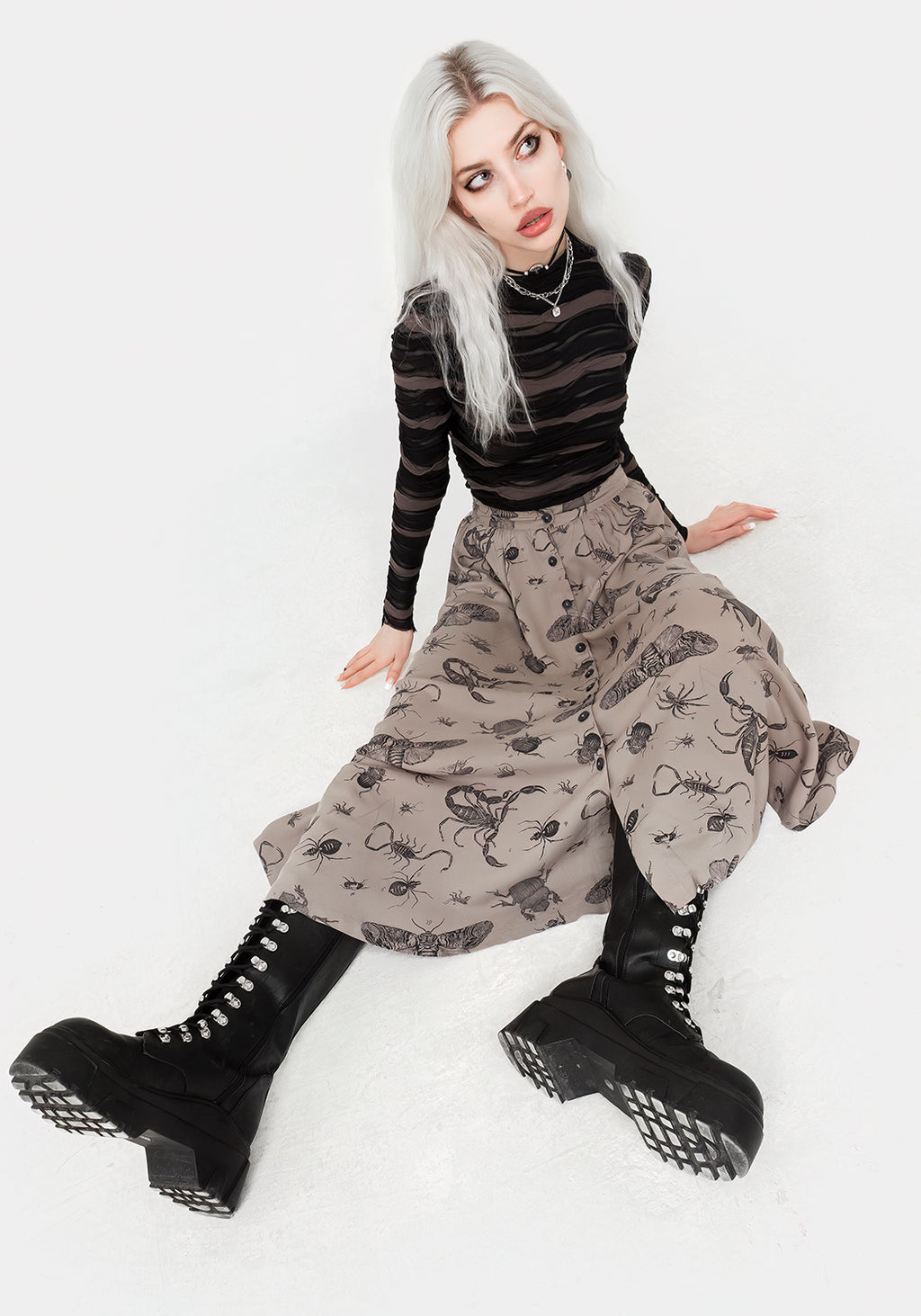 Disturbia | Parasite Bugs Print Button Down Midi Skirt - Taupe | Skirts