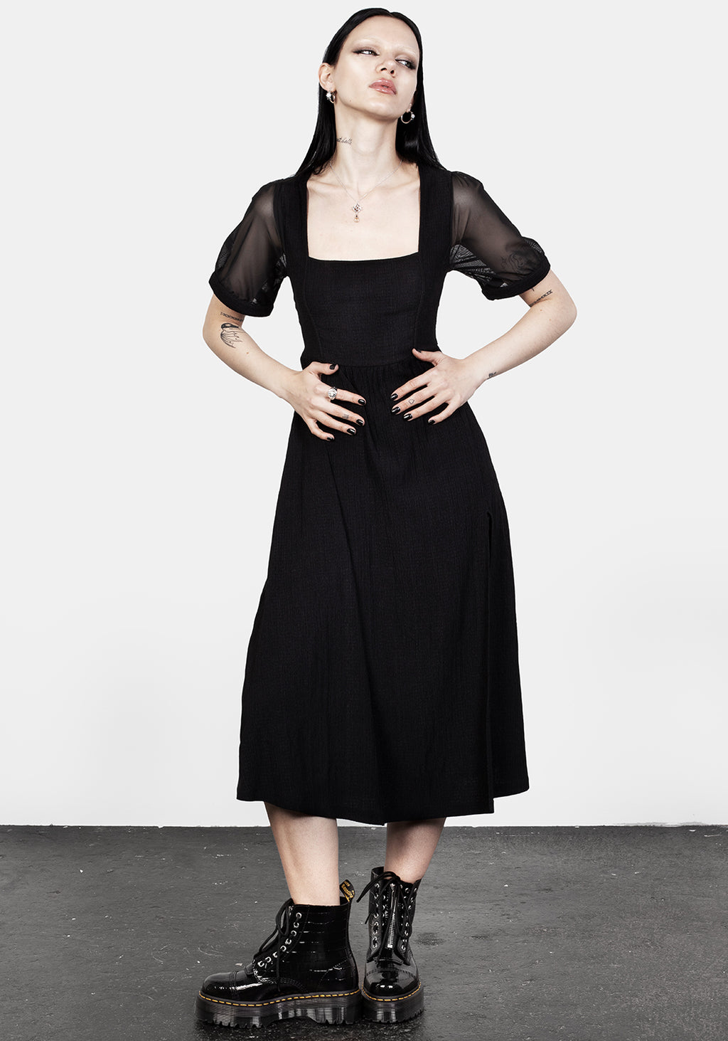 Disturbia | Ammit Midi Dress with Sheer Sleeves | Dresses