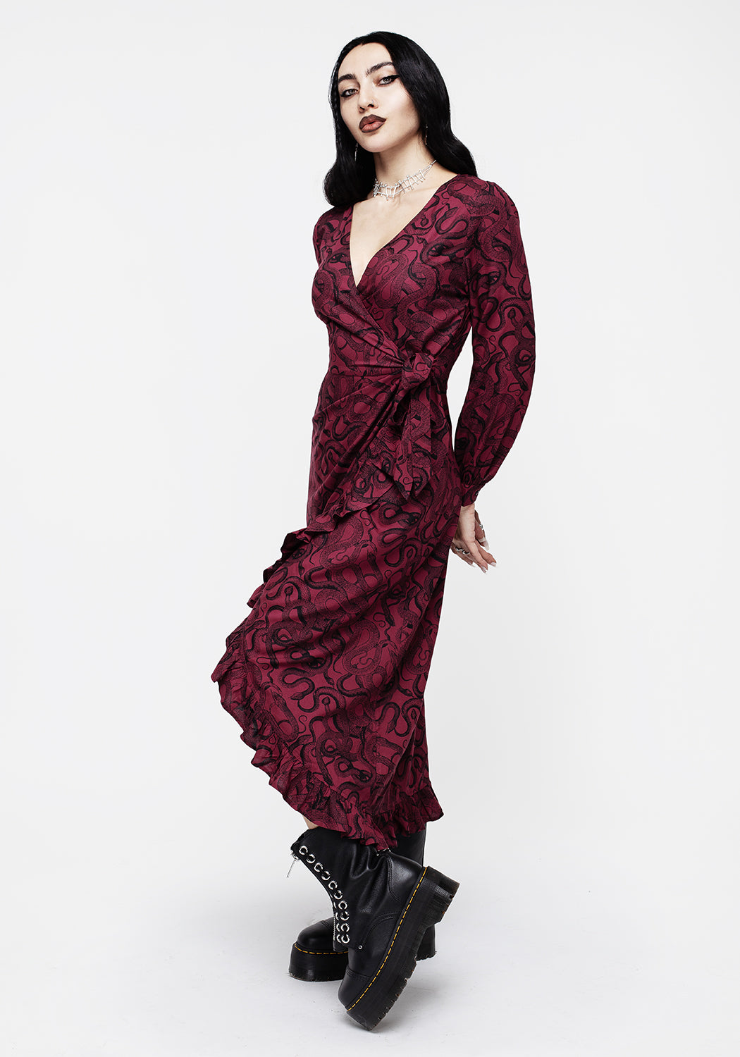 Disturbia | Ophidia Snakes Print Wrap Maxi Dress - Red | Dresses