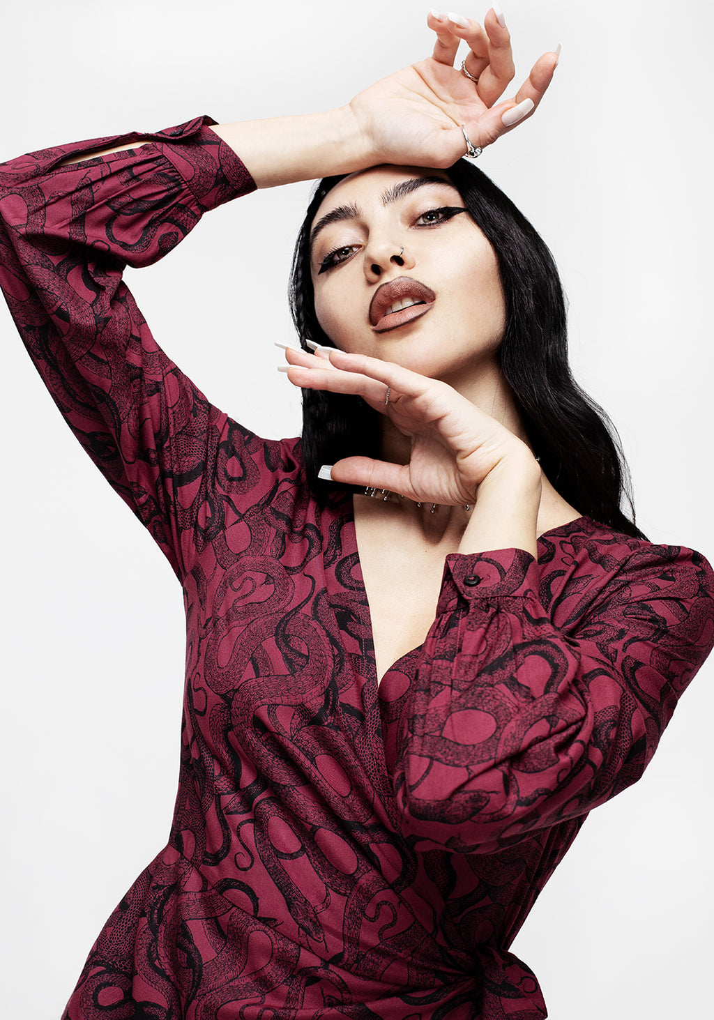 Disturbia | Ophidia Snakes Print Wrap Maxi Dress - Red | Dresses