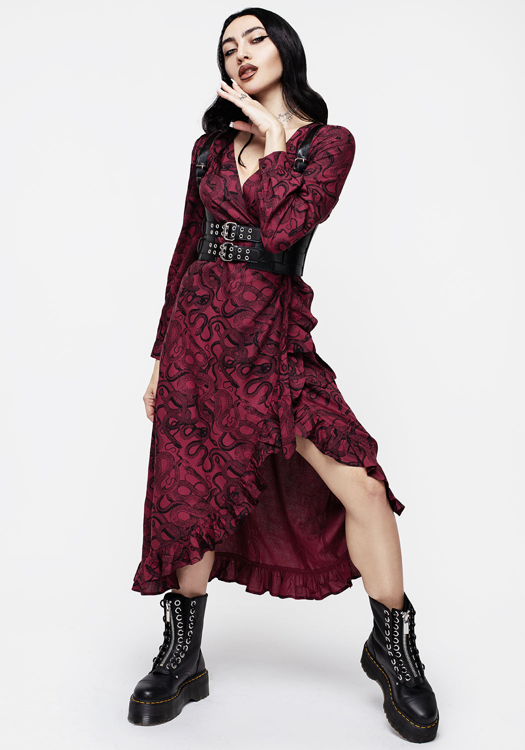 Disturbia | Ophidia Snakes Print Wrap Maxi Dress - Red | Dresses