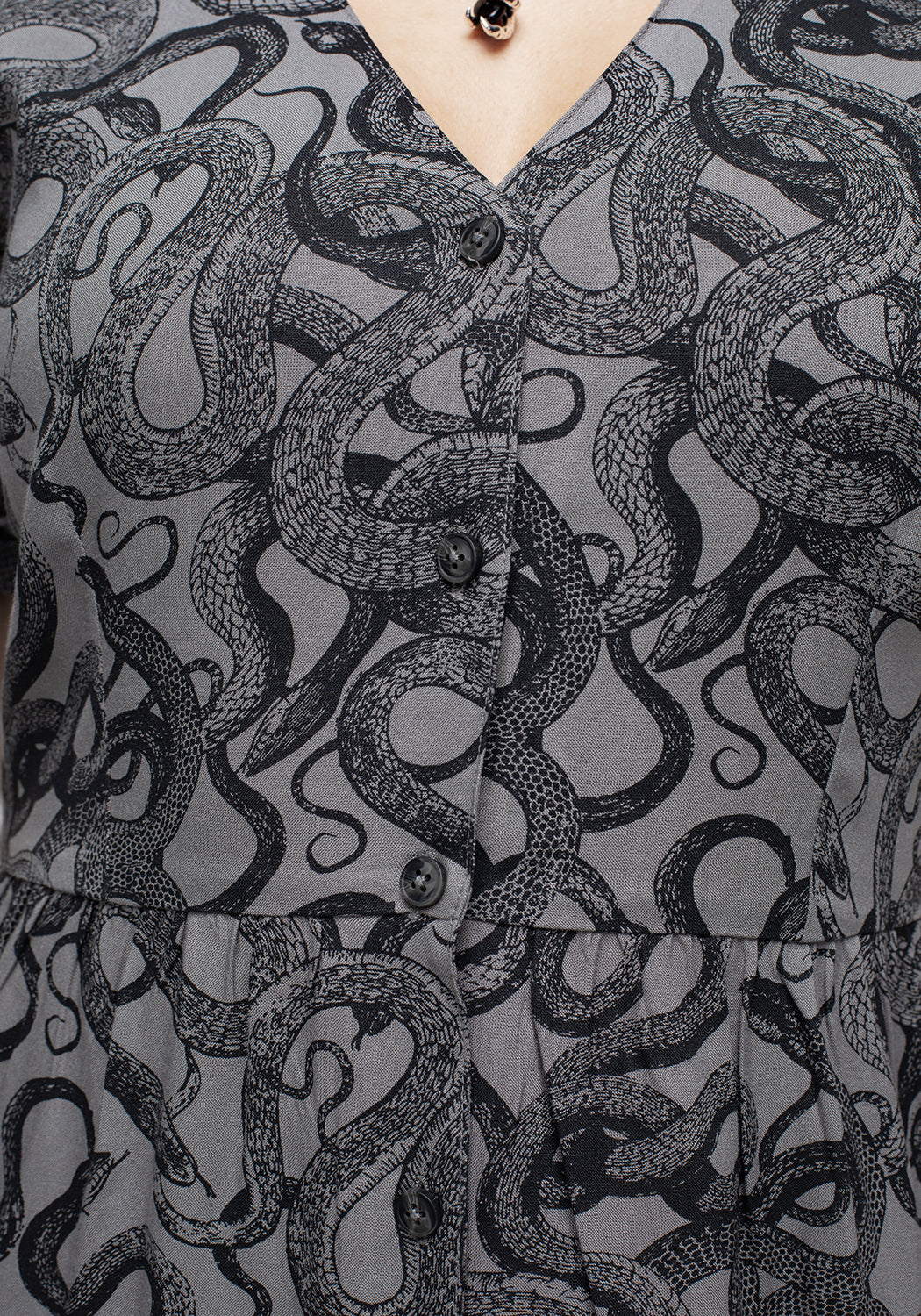 Disturbia | Ophidia Snakes Print Button Down Midi Dress - Grey | Dresses