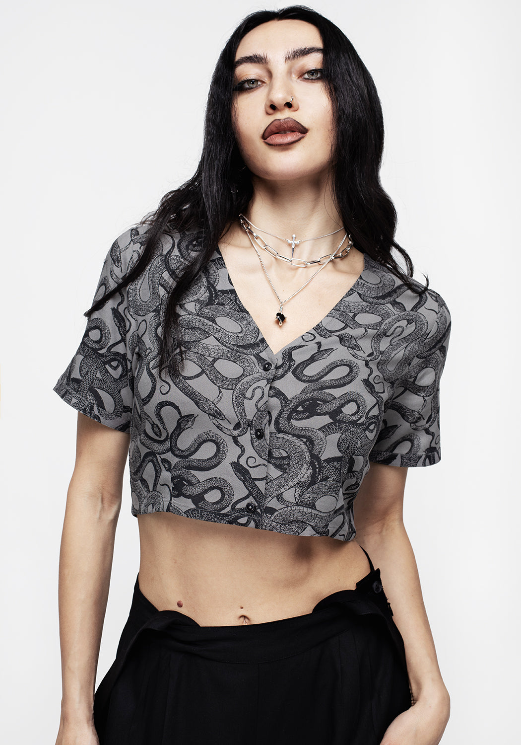 Disturbia | Ophidia Snakes Print Button Down Crop Top - Grey | Tops