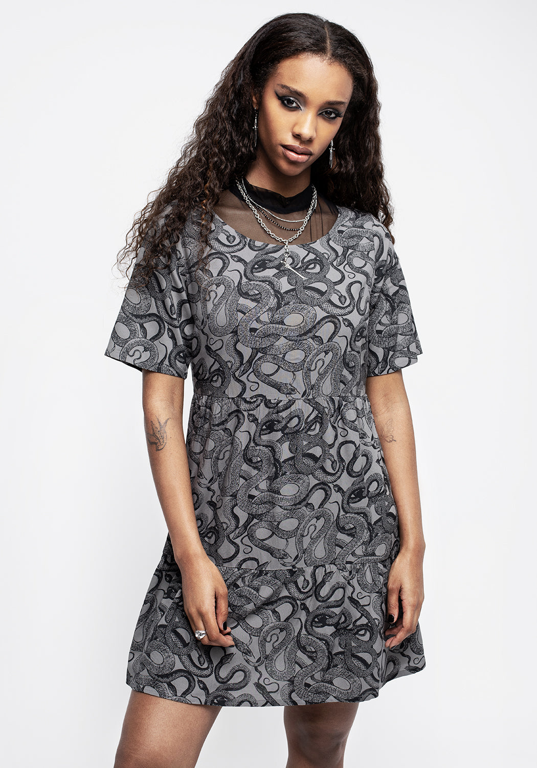 Disturbia | Ophidia Snakes Print Mini Smock Dress - Grey | Dresses