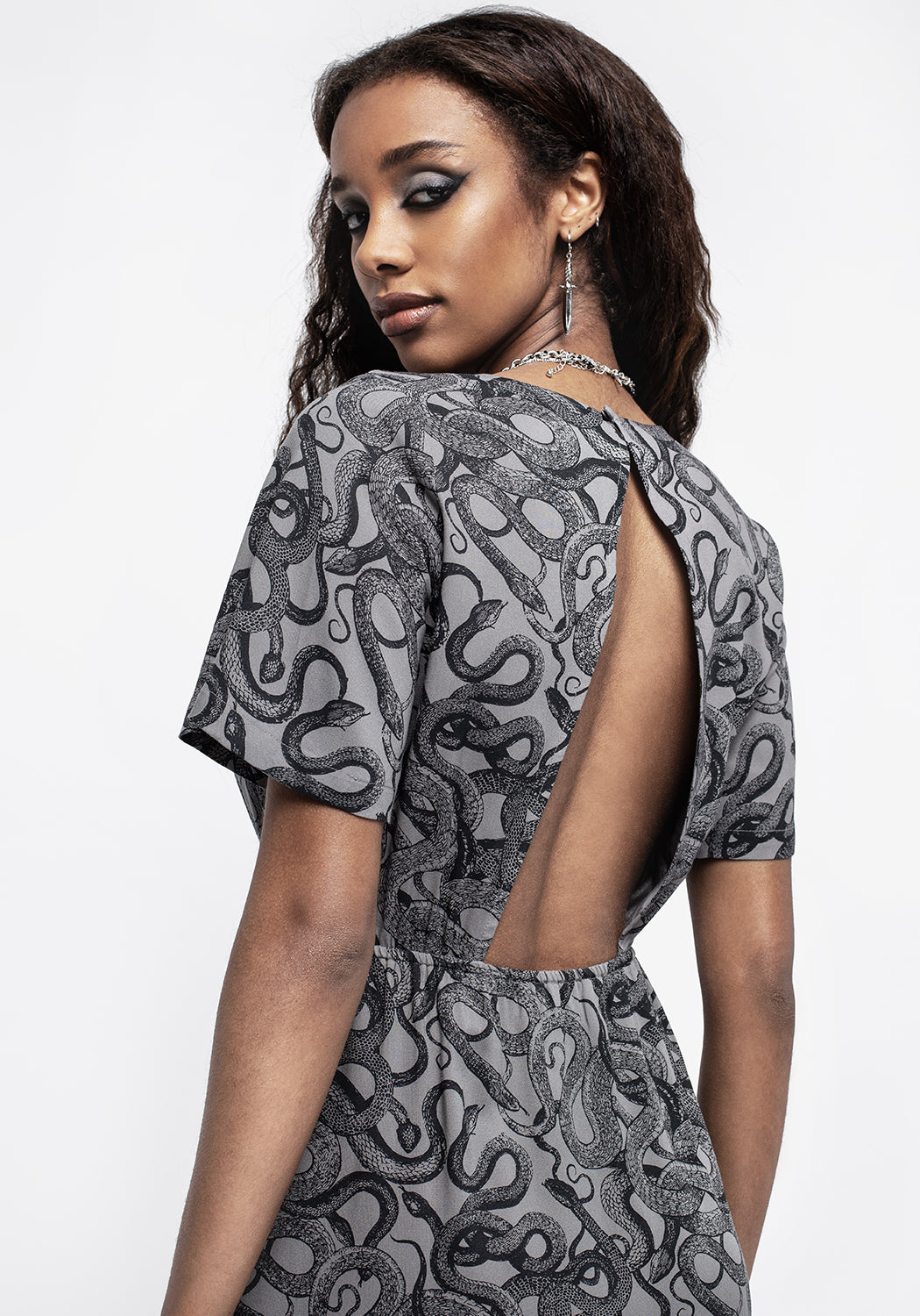 Disturbia | Ophidia Snakes Print Open Back Midi Dress - Grey | Dresses
