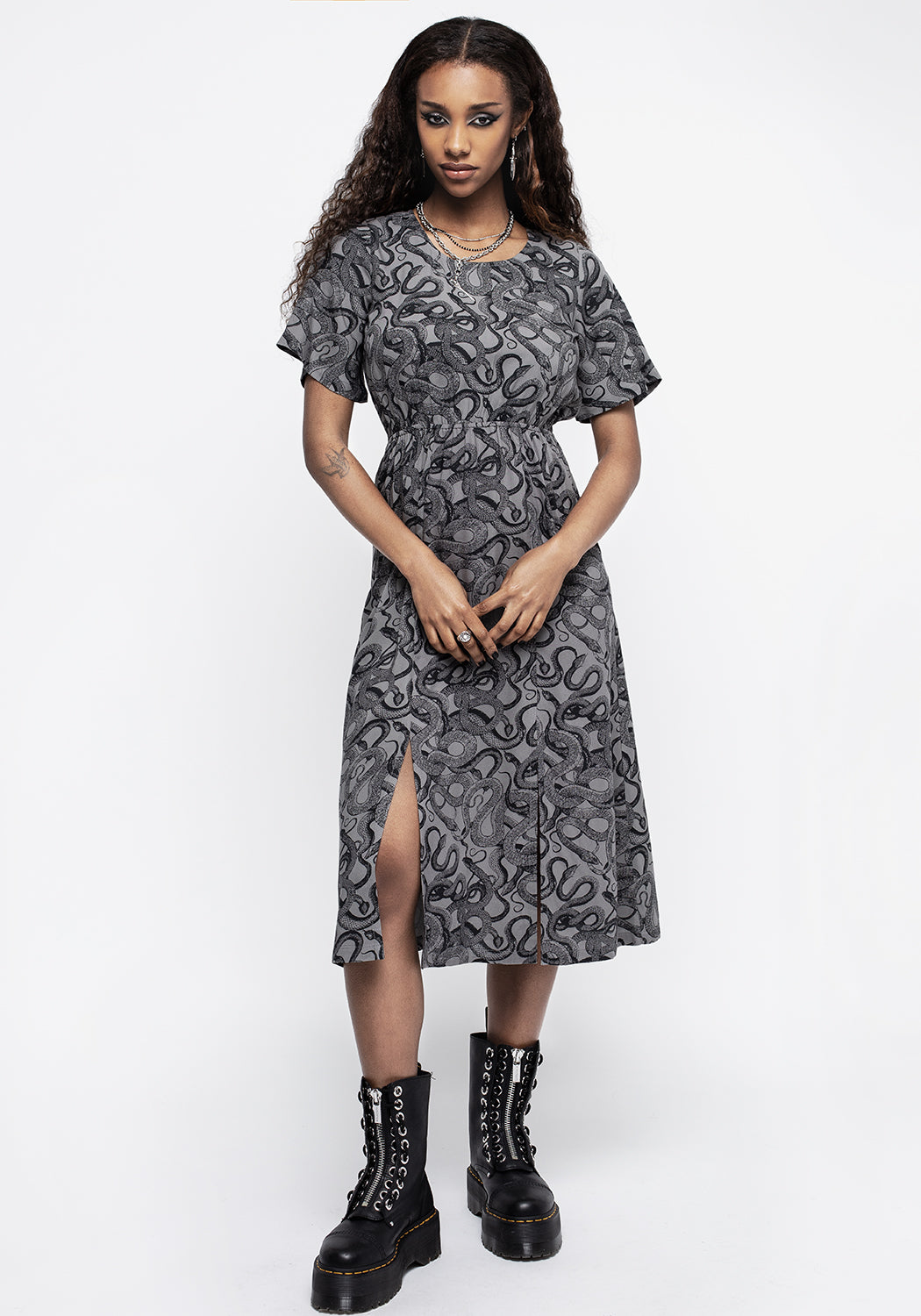Disturbia | Ophidia Snakes Print Open Back Midi Dress - Grey | Dresses