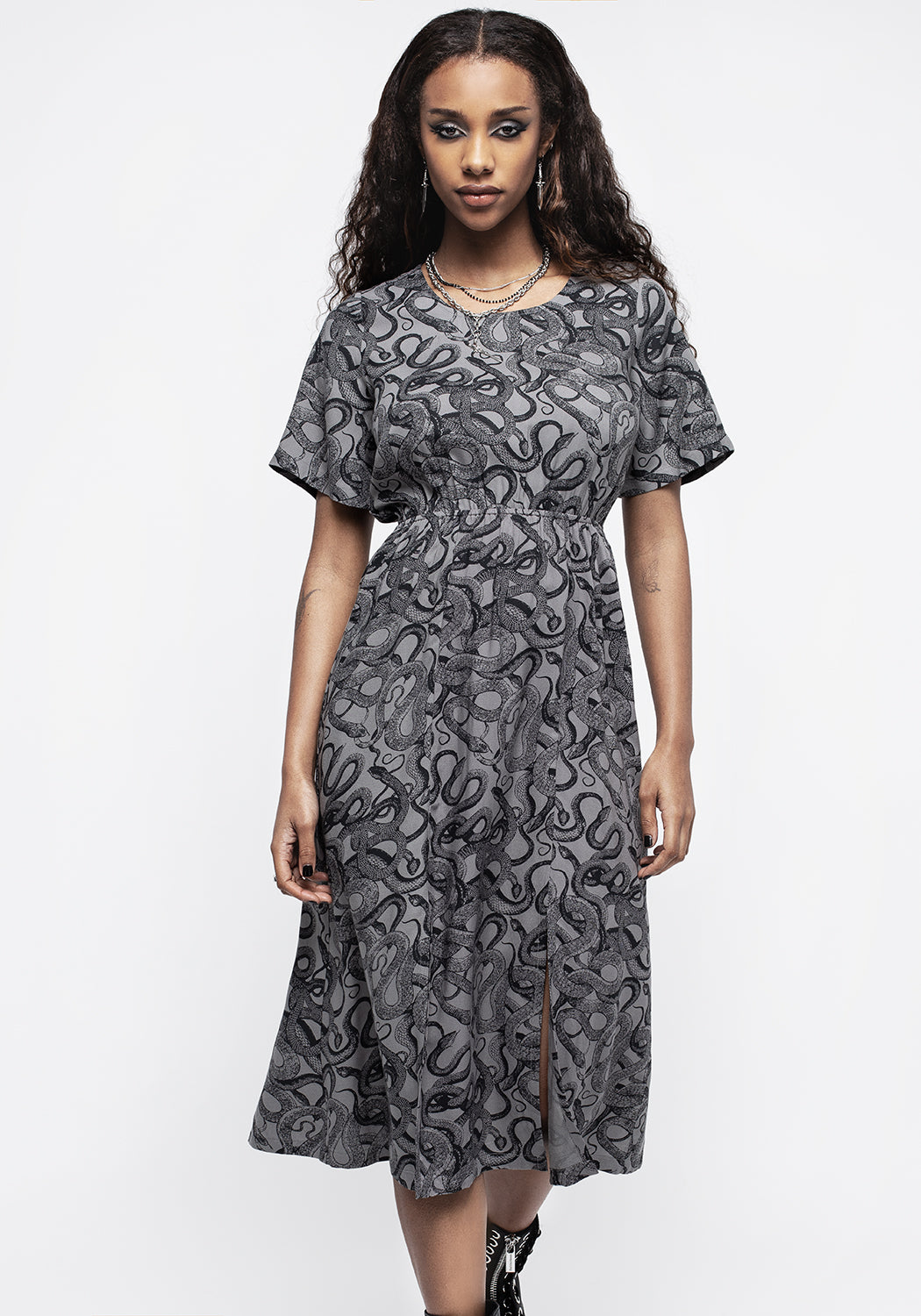 Disturbia | Ophidia Snakes Print Open Back Midi Dress - Grey | Dresses