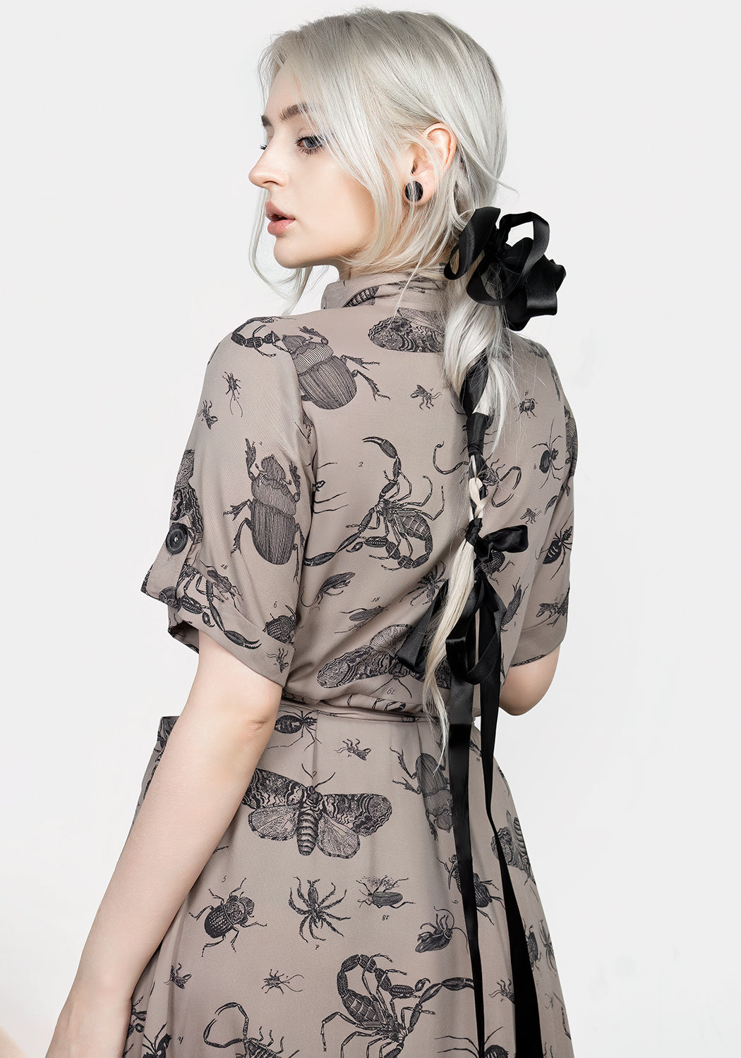 Parasite-Bugs-Print-Midi-Short-Sleeve-Shirt-Dress-Taupe – Disturbia
