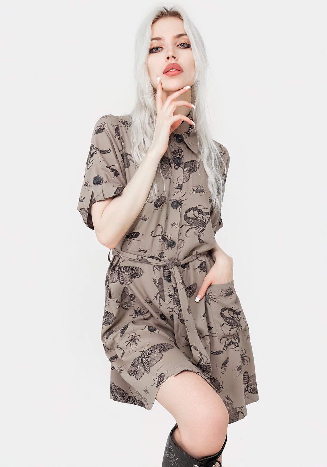 Disturbia | Parasite Bugs Print Mini Short Sleeve Shirt Dress - Taupe ...