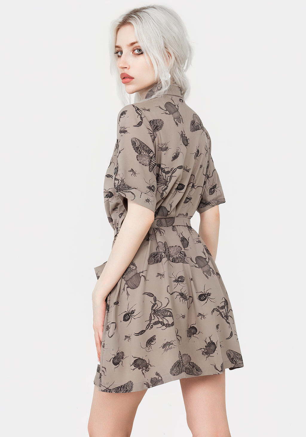 Disturbia | Parasite Bugs Print Mini Short Sleeve Shirt Dress - Taupe ...