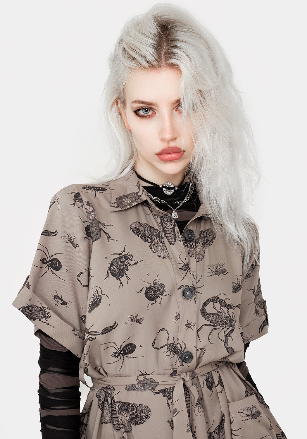 Disturbia | Parasite Bugs Print Mini Short Sleeve Shirt Dress - Taupe ...