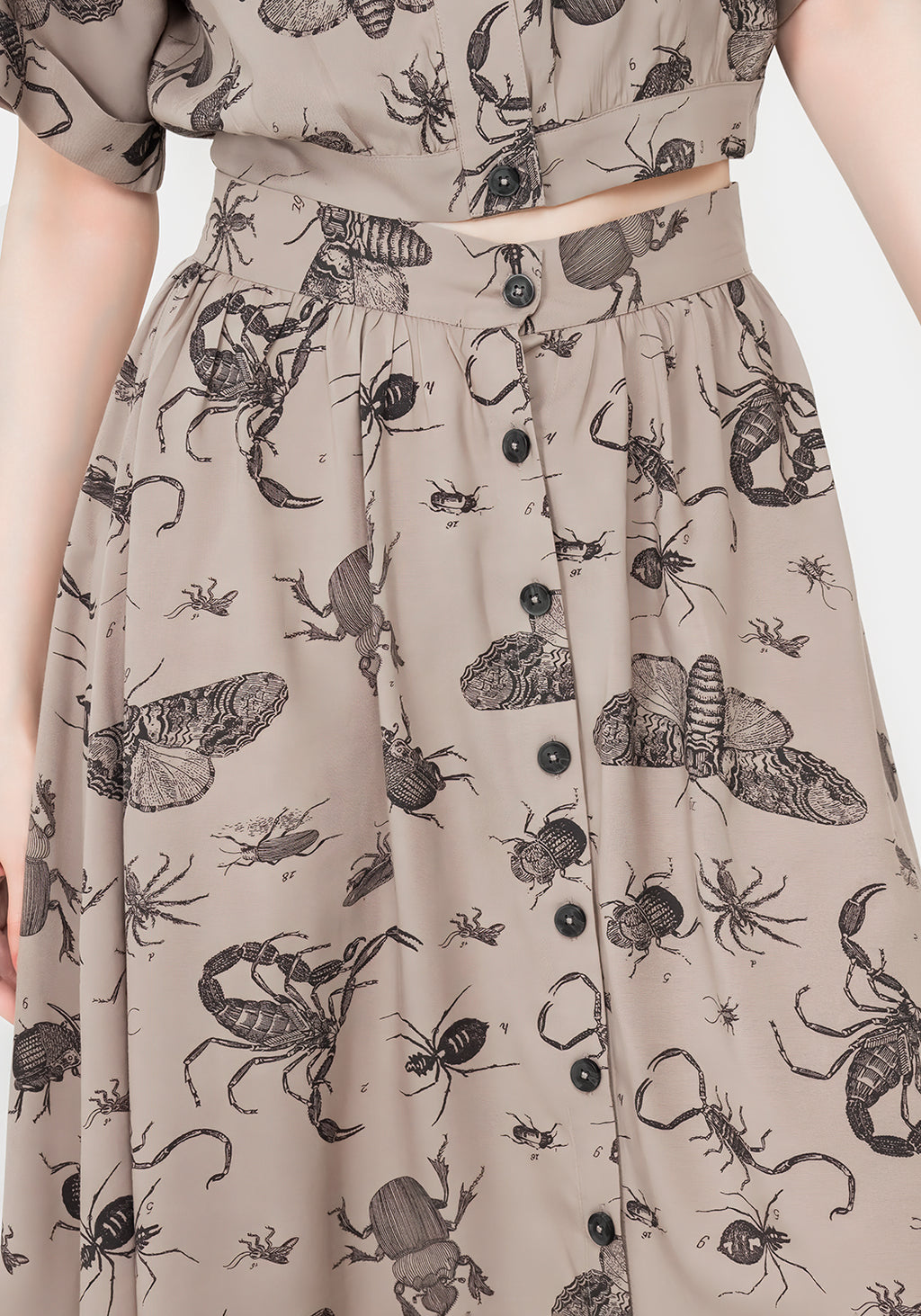 Disturbia | Parasite Bugs Print Button Down Midi Skirt - Taupe | Skirts